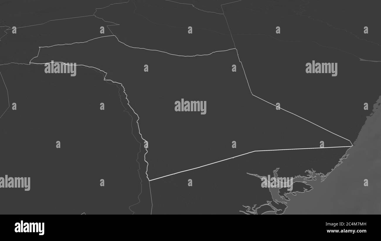 Zoom in on Garissa (county of Kenya) outlined. Oblique perspective ...