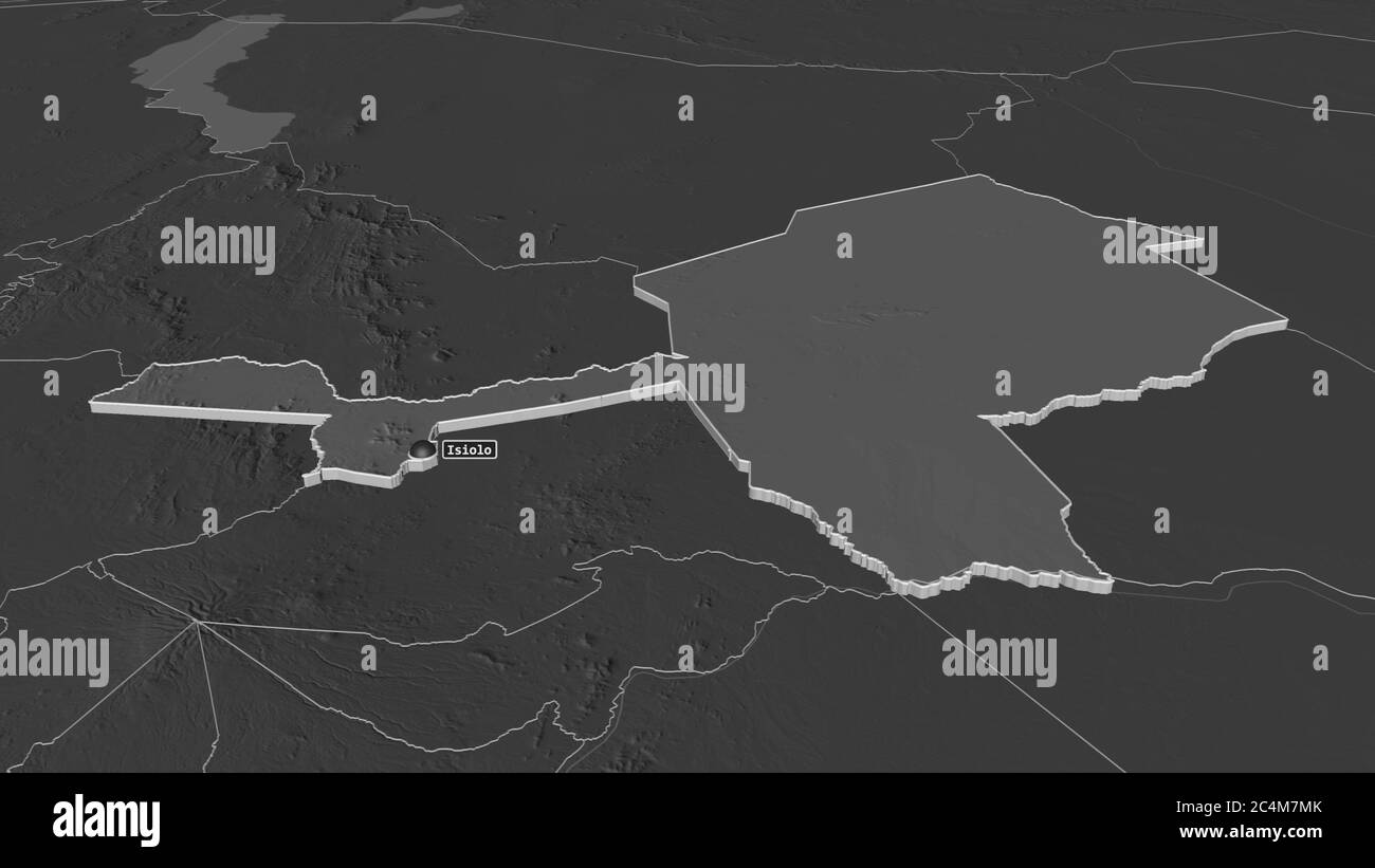 Zoom in on Isiolo (county of Kenya) extruded. Oblique perspective ...