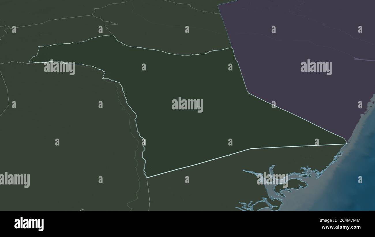 Zoom in on Garissa (county of Kenya) outlined. Oblique perspective ...
