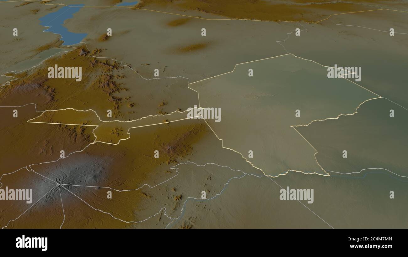 Zoom in on Isiolo (county of Kenya) outlined. Oblique perspective ...