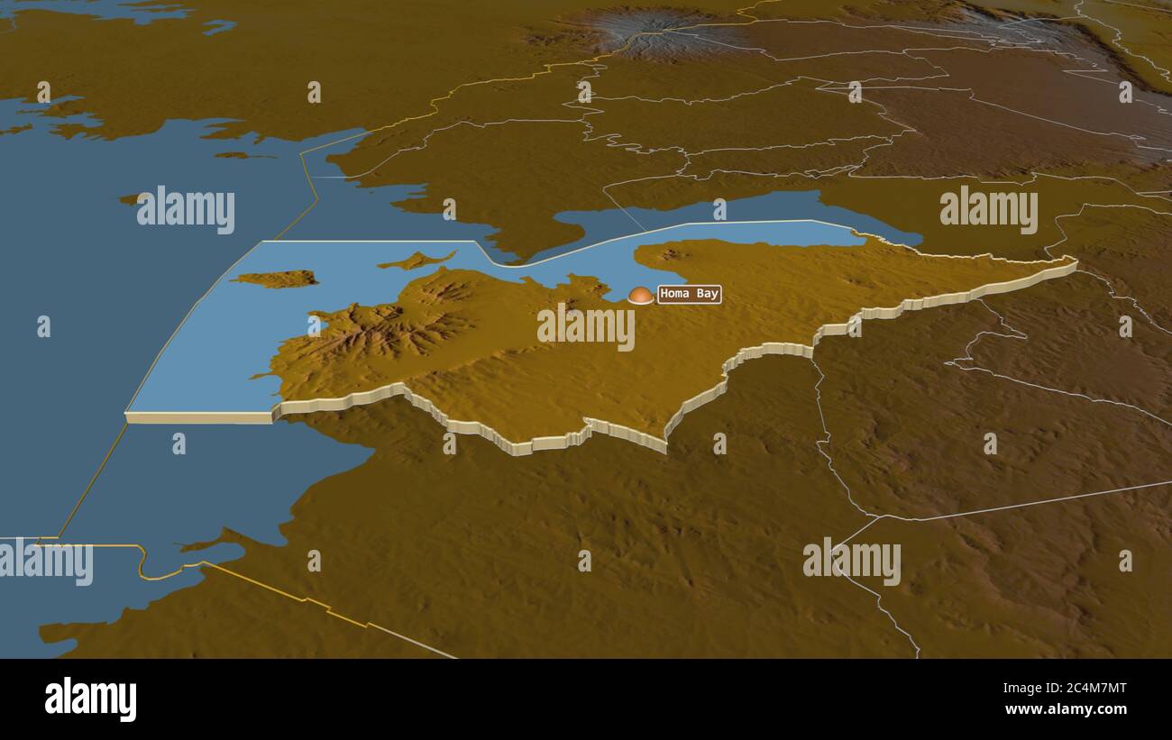 Zoom in on Homa Bay (county of Kenya) extruded. Oblique perspective ...