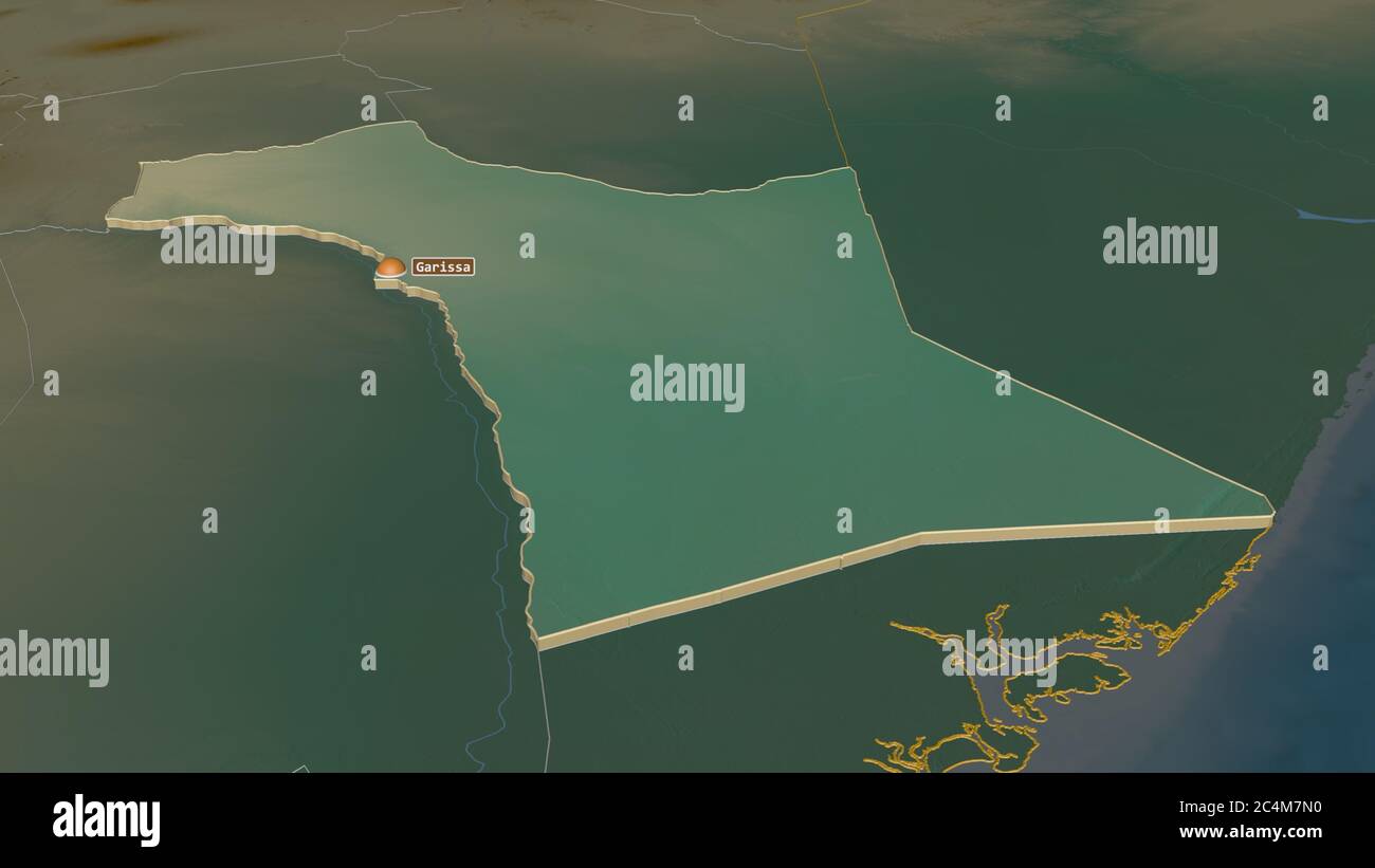 Zoom in on Garissa (county of Kenya) extruded. Oblique perspective ...