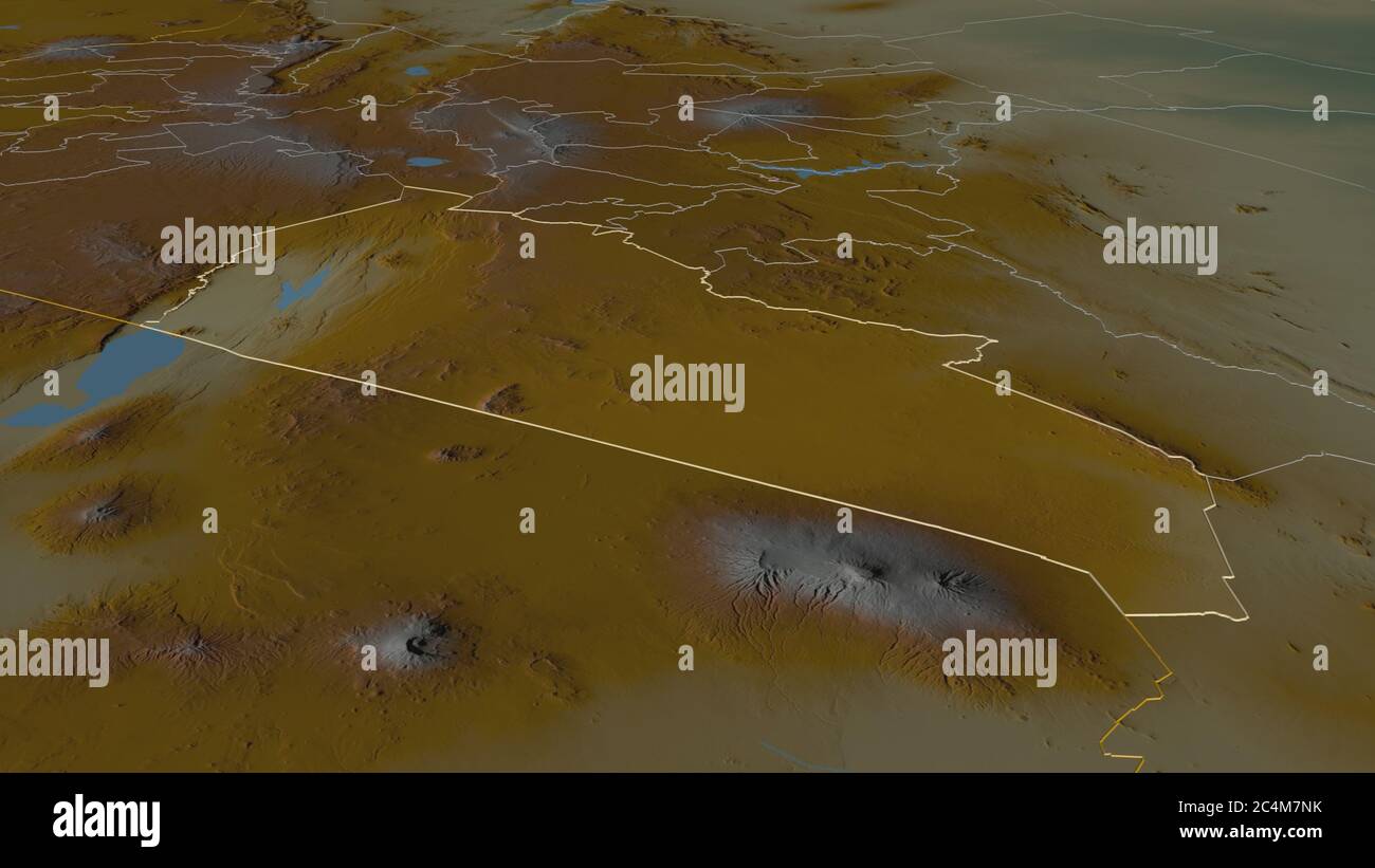 Zoom in on Kajiado (county of Kenya) outlined. Oblique perspective ...