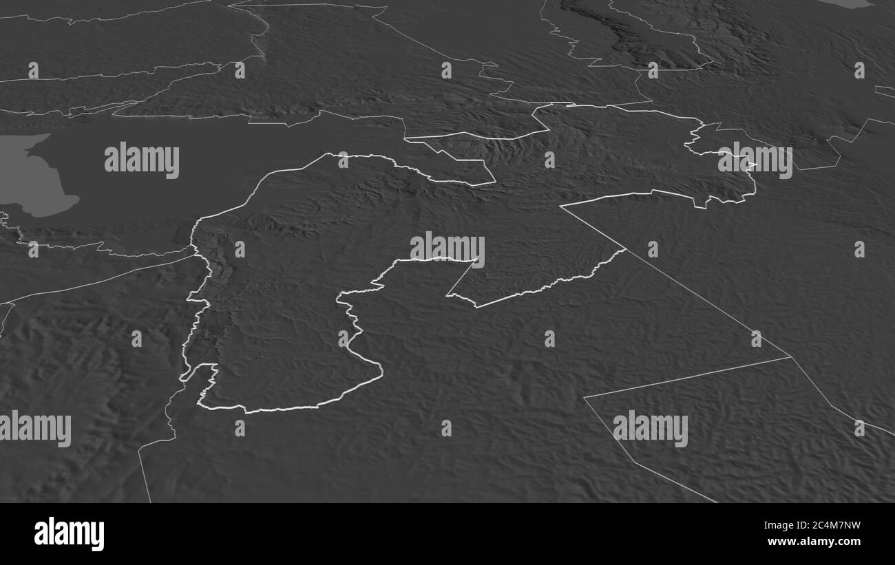 Zoom in on Kericho (county of Kenya) outlined. Oblique perspective ...