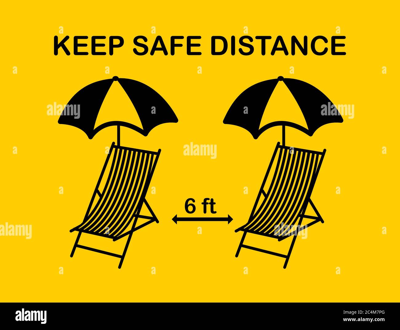 Social distancing icon.Keep Safe Distance 6 Feet sunbed and umbrella on ...