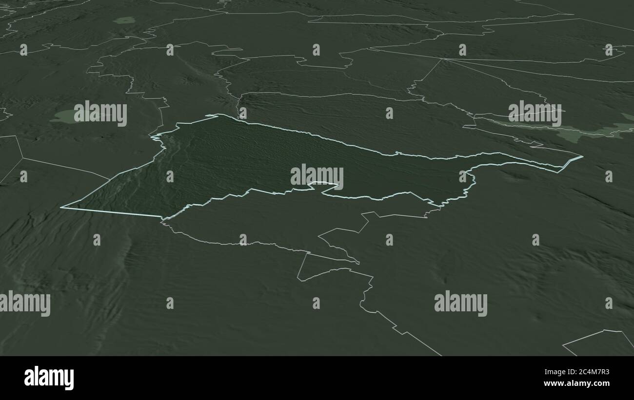 Zoom in on Kiambu (county of Kenya) outlined. Oblique perspective ...
