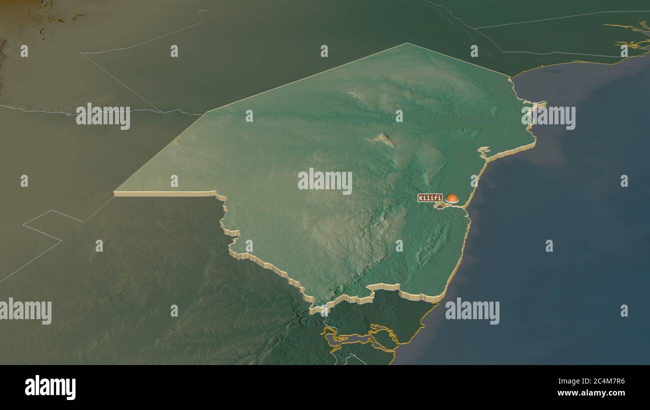 Zoom in on Kilifi (county of Kenya) extruded. Oblique perspective ...
