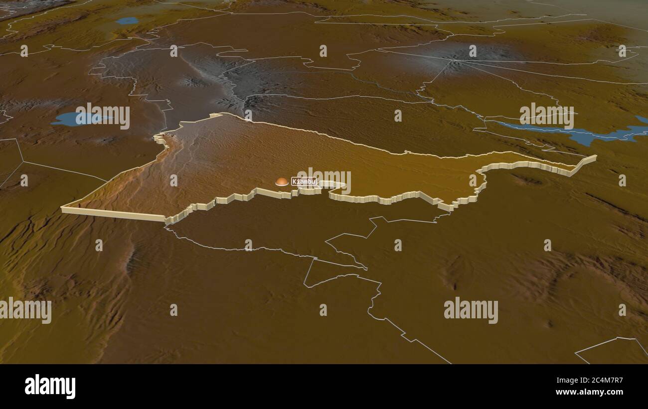 Zoom in on Kiambu (county of Kenya) extruded. Oblique perspective ...