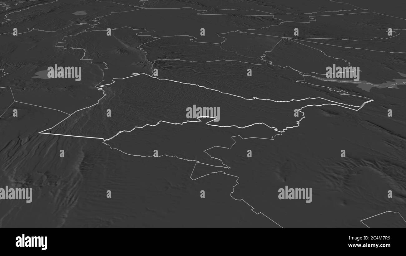Zoom in on Kiambu (county of Kenya) outlined. Oblique perspective ...