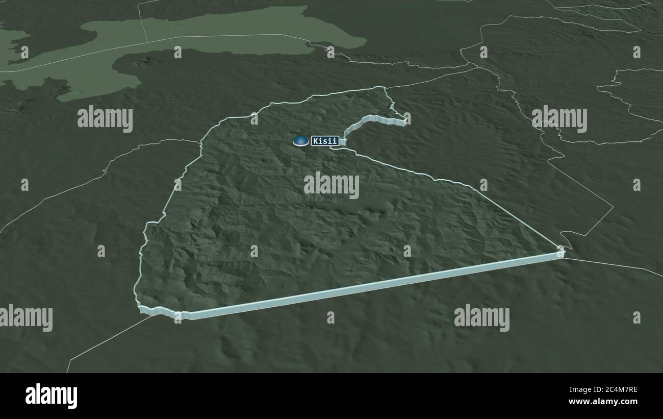Zoom in on Kisii (county of Kenya) extruded. Oblique perspective ...
