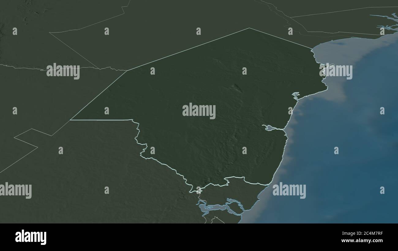 Zoom in on Kilifi (county of Kenya) outlined. Oblique perspective ...