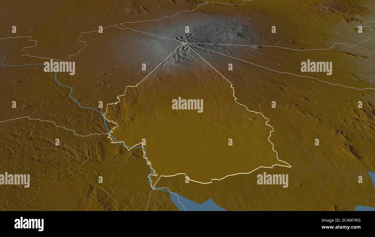 Zoom in on Kirinyaga (county of Kenya) outlined. Oblique perspective ...