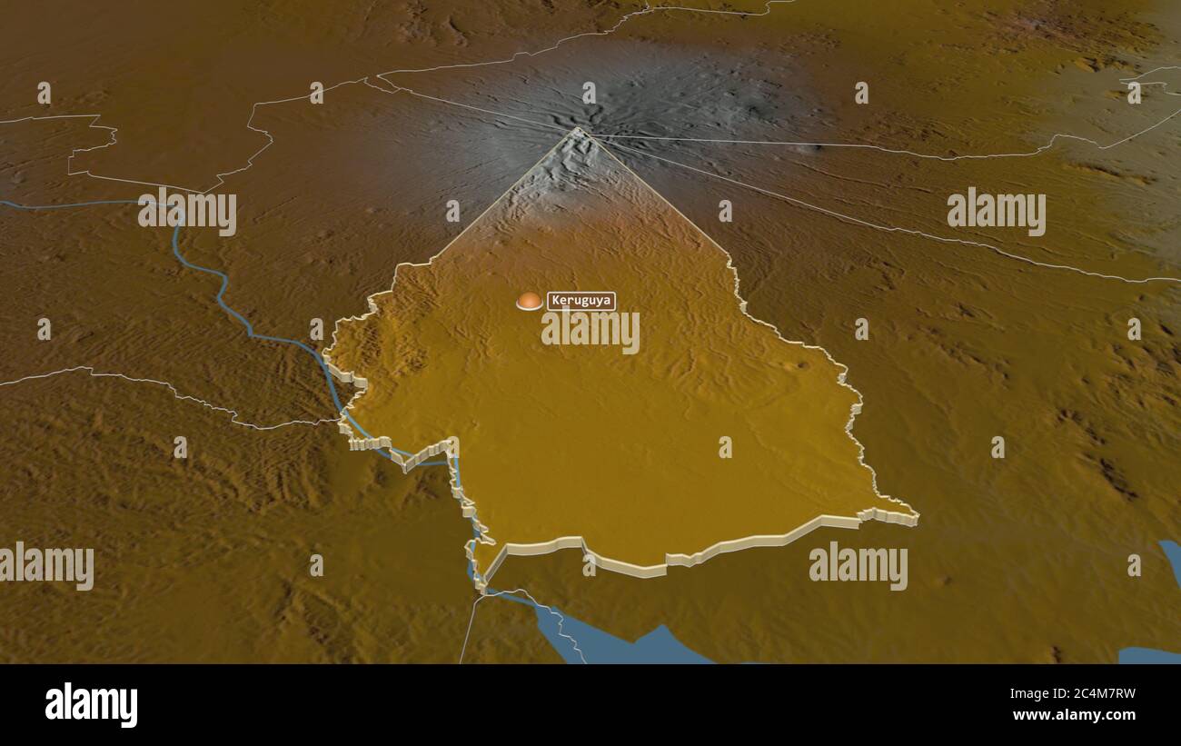 Zoom in on Kirinyaga (county of Kenya) extruded. Oblique perspective ...