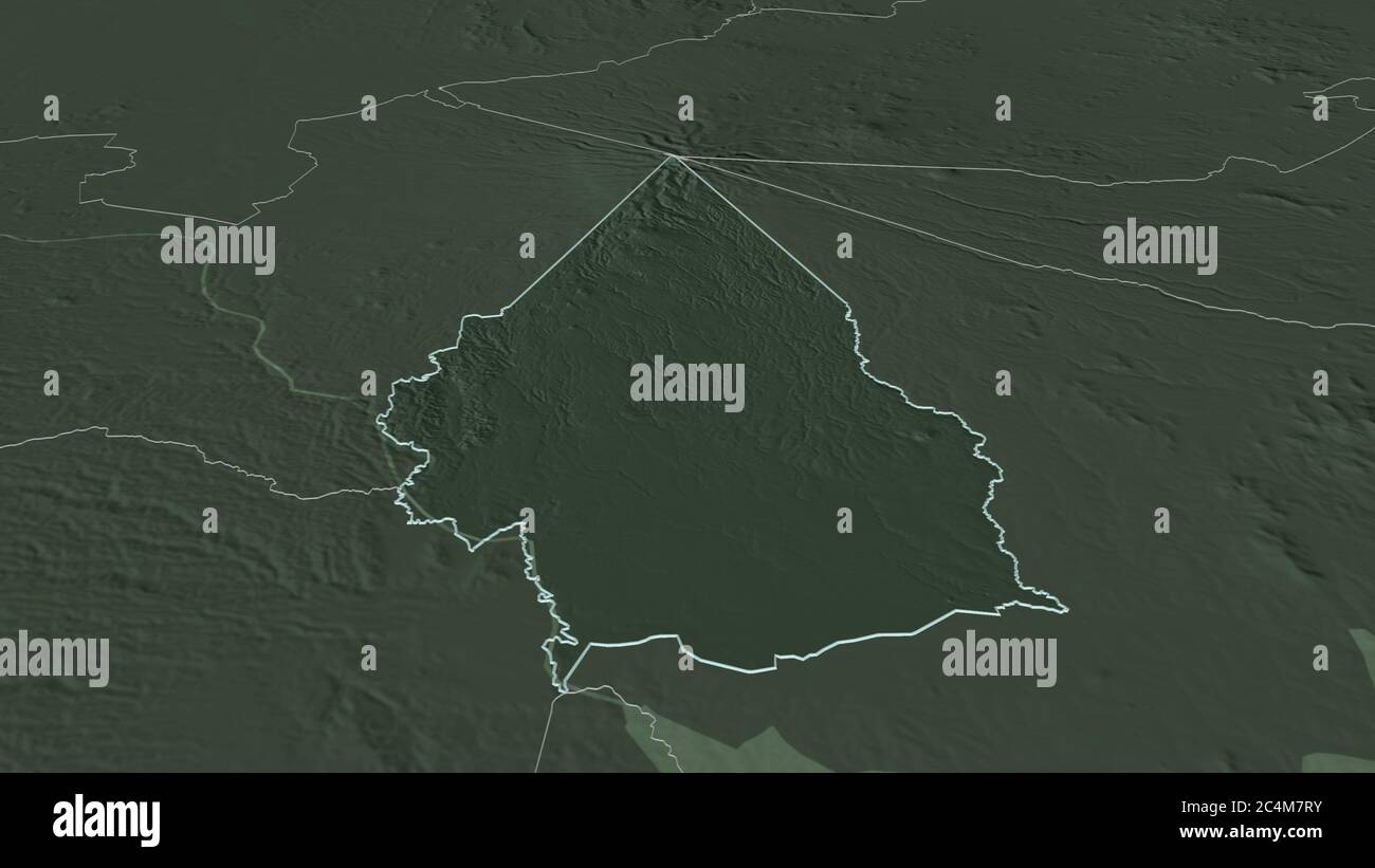 Zoom in on Kirinyaga (county of Kenya) outlined. Oblique perspective ...