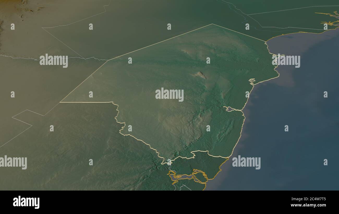 Zoom in on Kilifi (county of Kenya) outlined. Oblique perspective ...