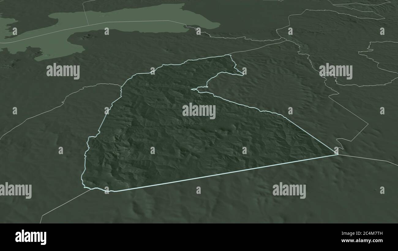 Zoom in on Kisii (county of Kenya) outlined. Oblique perspective ...