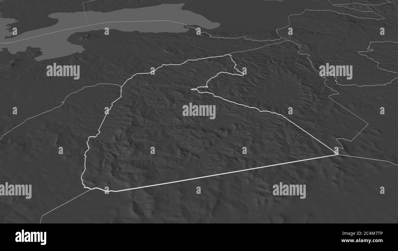Zoom in on Kisii (county of Kenya) outlined. Oblique perspective ...