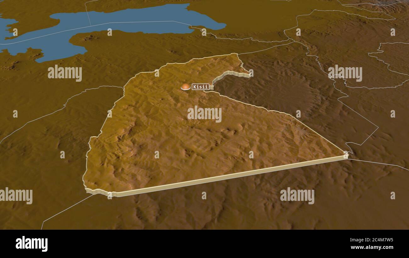 Zoom in on Kisii (county of Kenya) extruded. Oblique perspective ...