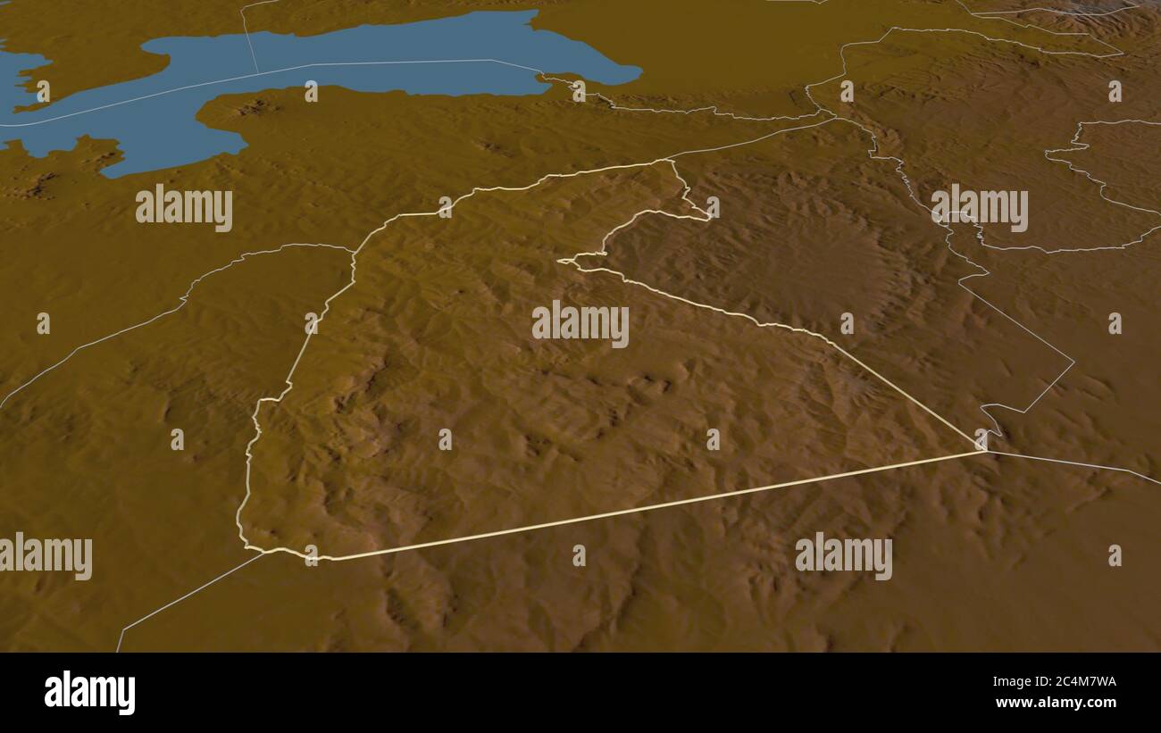 Zoom in on Kisii (county of Kenya) outlined. Oblique perspective ...