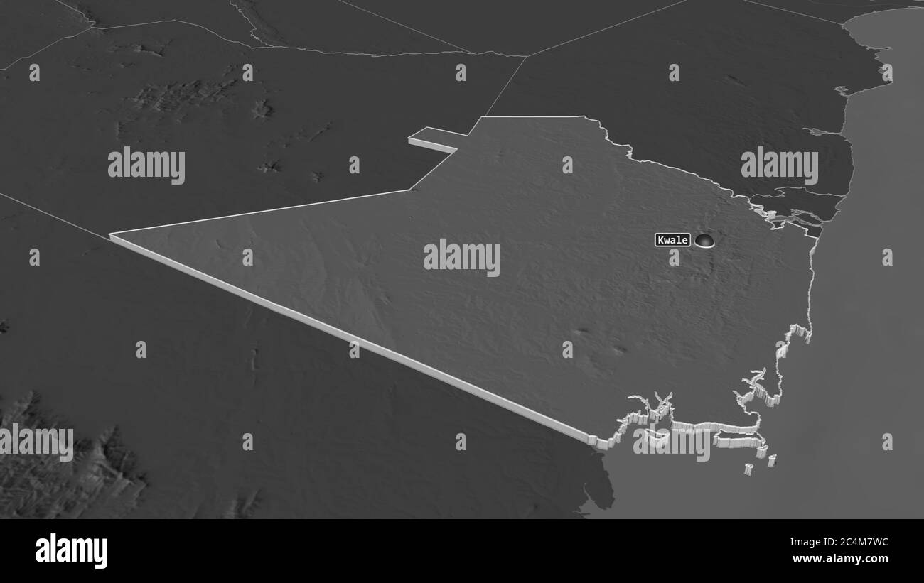 Zoom in on Kwale (county of Kenya) extruded. Oblique perspective ...