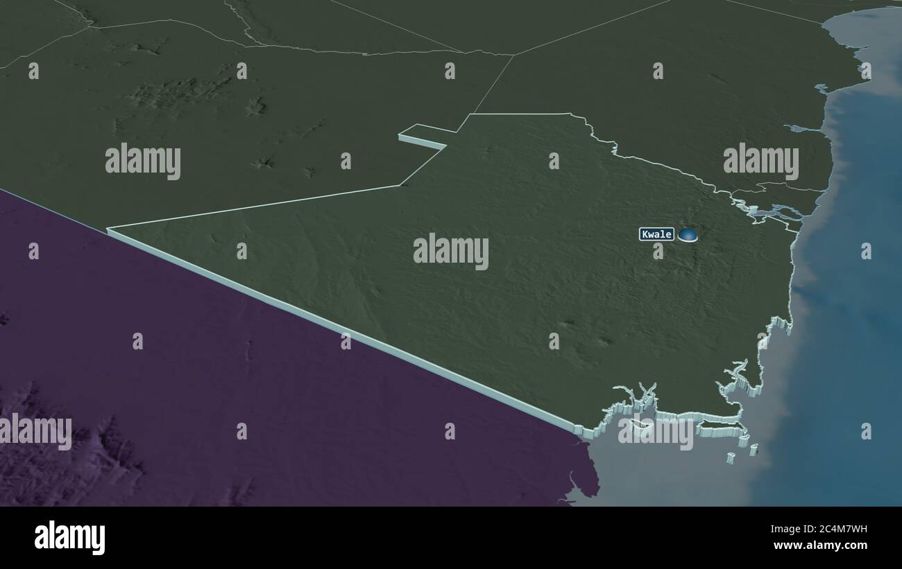 Zoom in on Kwale (county of Kenya) extruded. Oblique perspective ...