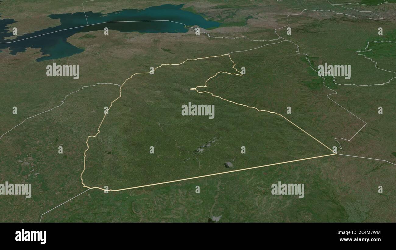 Zoom in on Kisii (county of Kenya) outlined. Oblique perspective ...