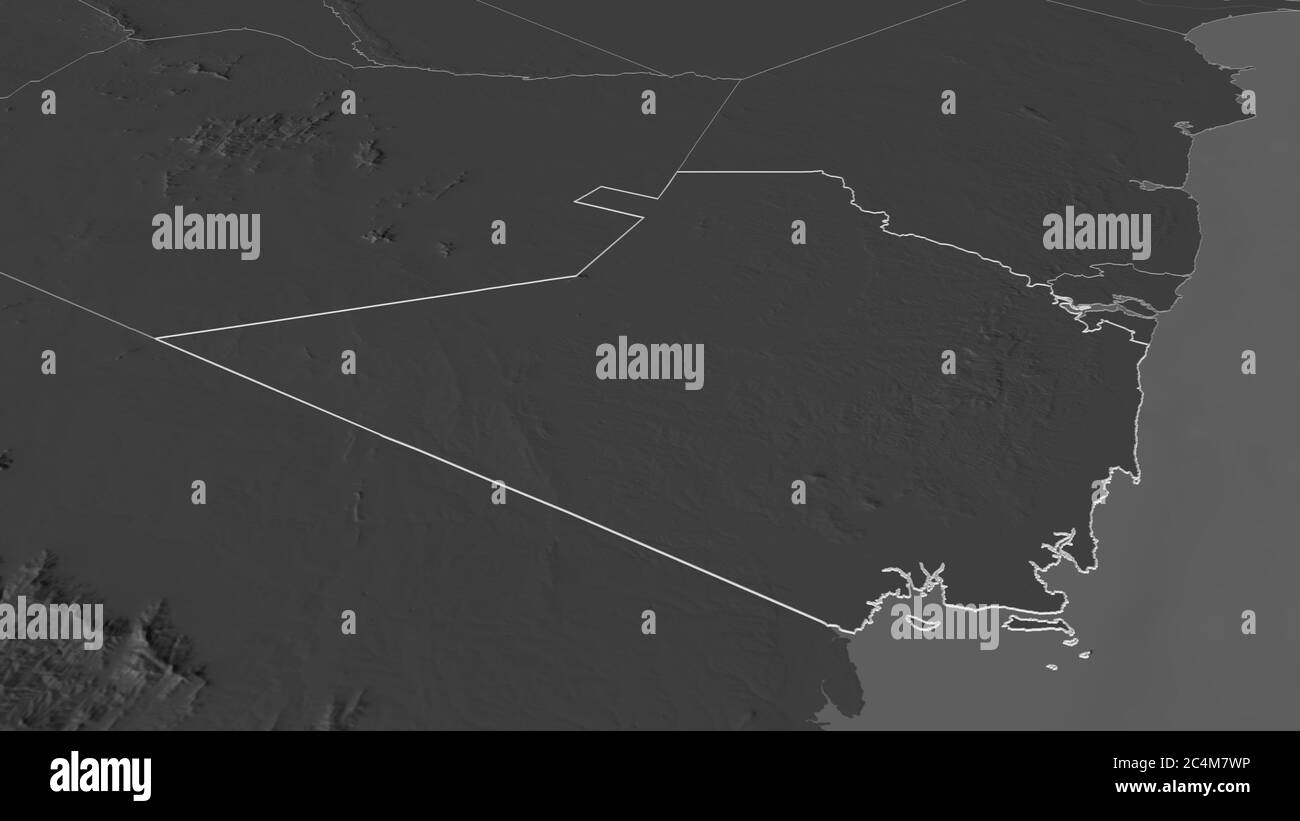Zoom in on Kwale (county of Kenya) outlined. Oblique perspective ...