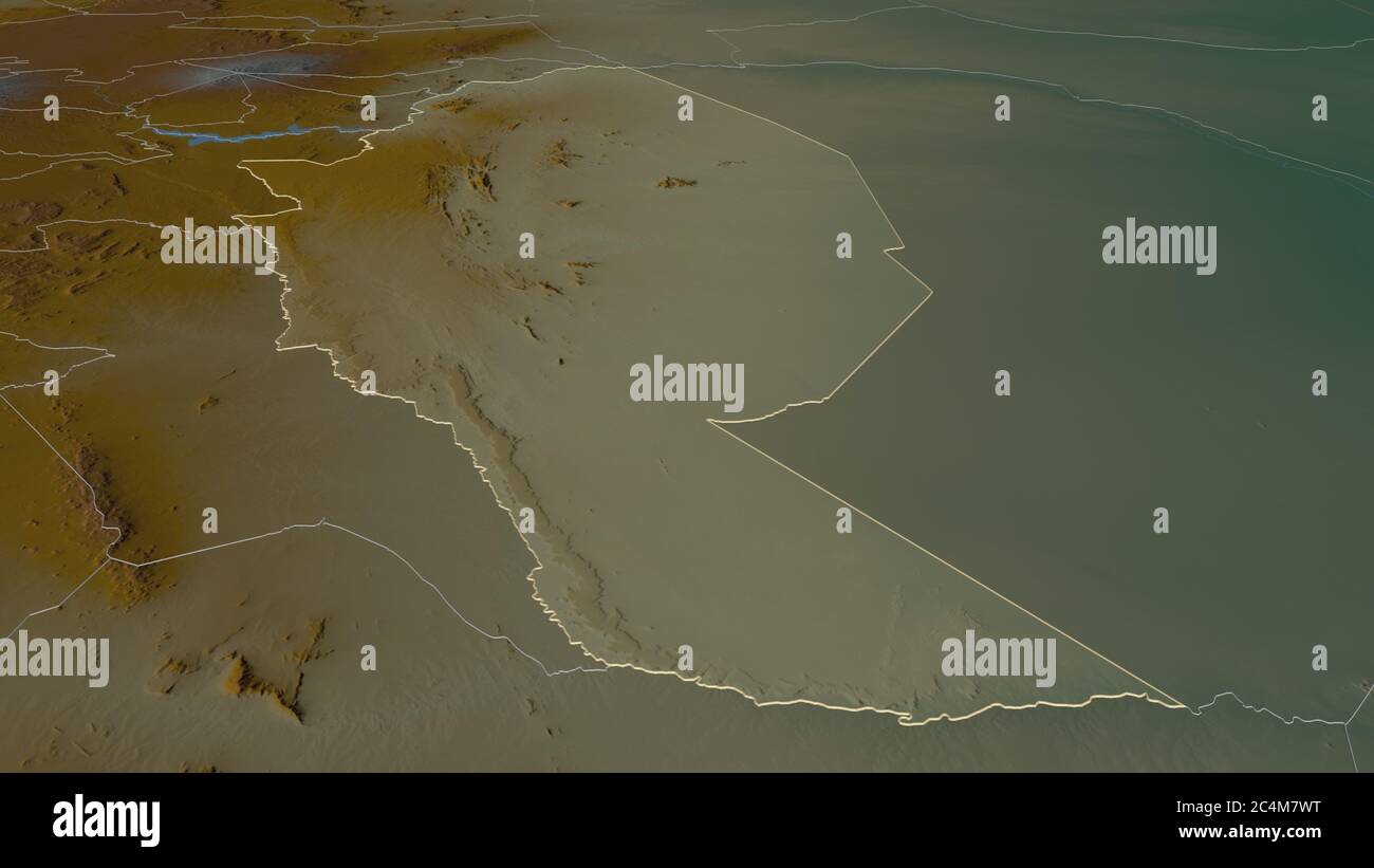 Zoom in on Kitui (county of Kenya) outlined. Oblique perspective ...