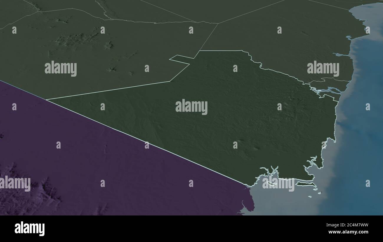 Zoom in on Kwale (county of Kenya) outlined. Oblique perspective ...