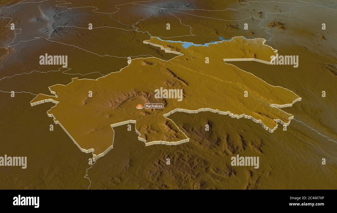 Zoom in on Machakos (county of Kenya) extruded. Oblique perspective ...