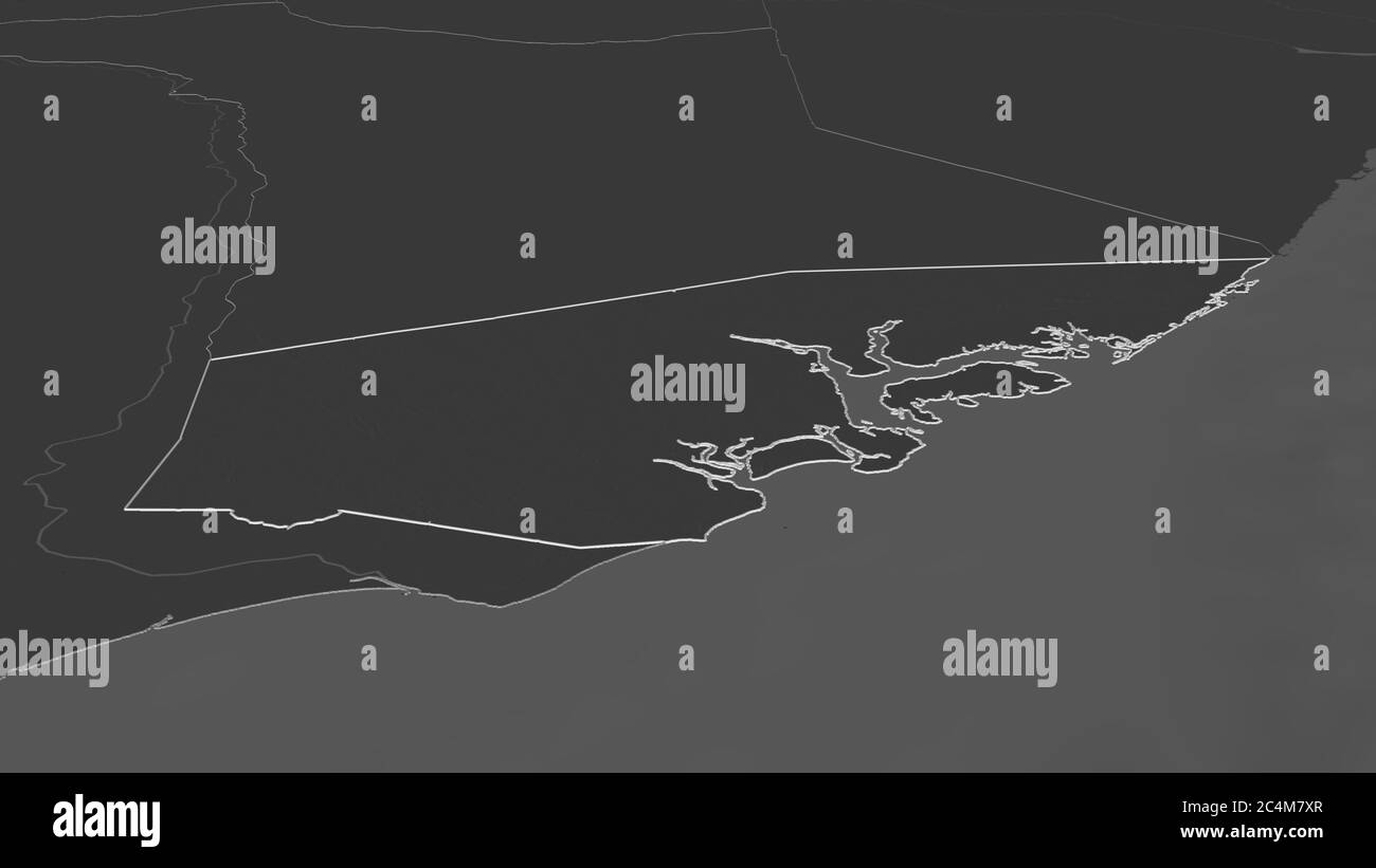 Zoom in on Lamu (county of Kenya) outlined. Oblique perspective ...