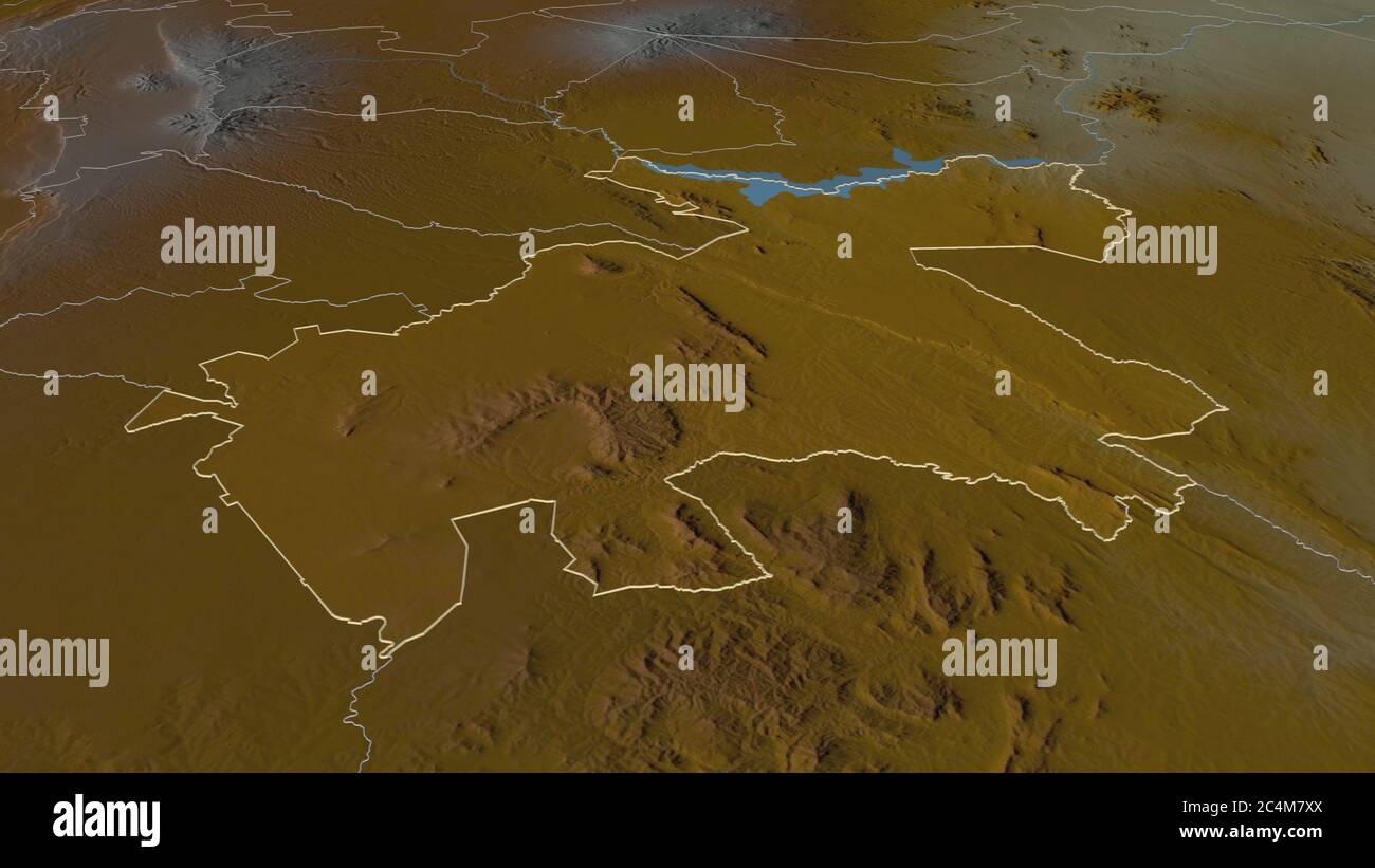 Zoom in on Machakos (county of Kenya) outlined. Oblique perspective ...