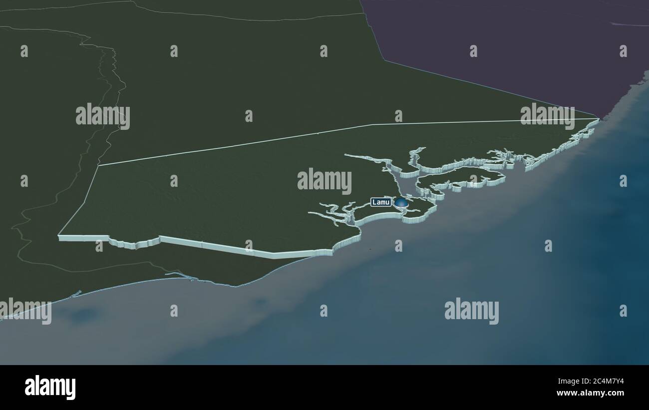 Zoom in on Lamu (county of Kenya) extruded. Oblique perspective ...