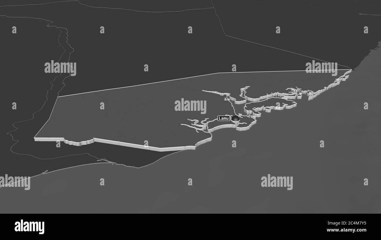 Zoom in on Lamu (county of Kenya) extruded. Oblique perspective ...