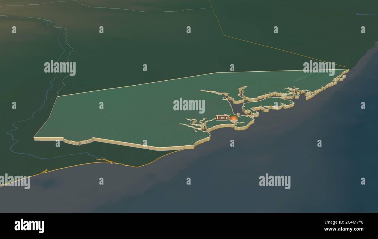 Zoom in on Lamu (county of Kenya) extruded. Oblique perspective ...