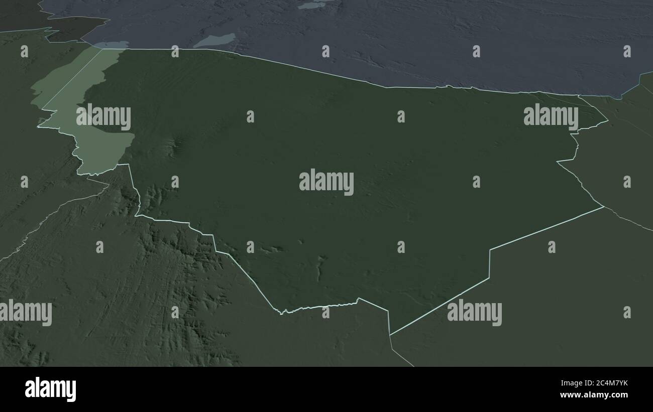 Zoom in on Marsabit (county of Kenya) outlined. Oblique perspective ...