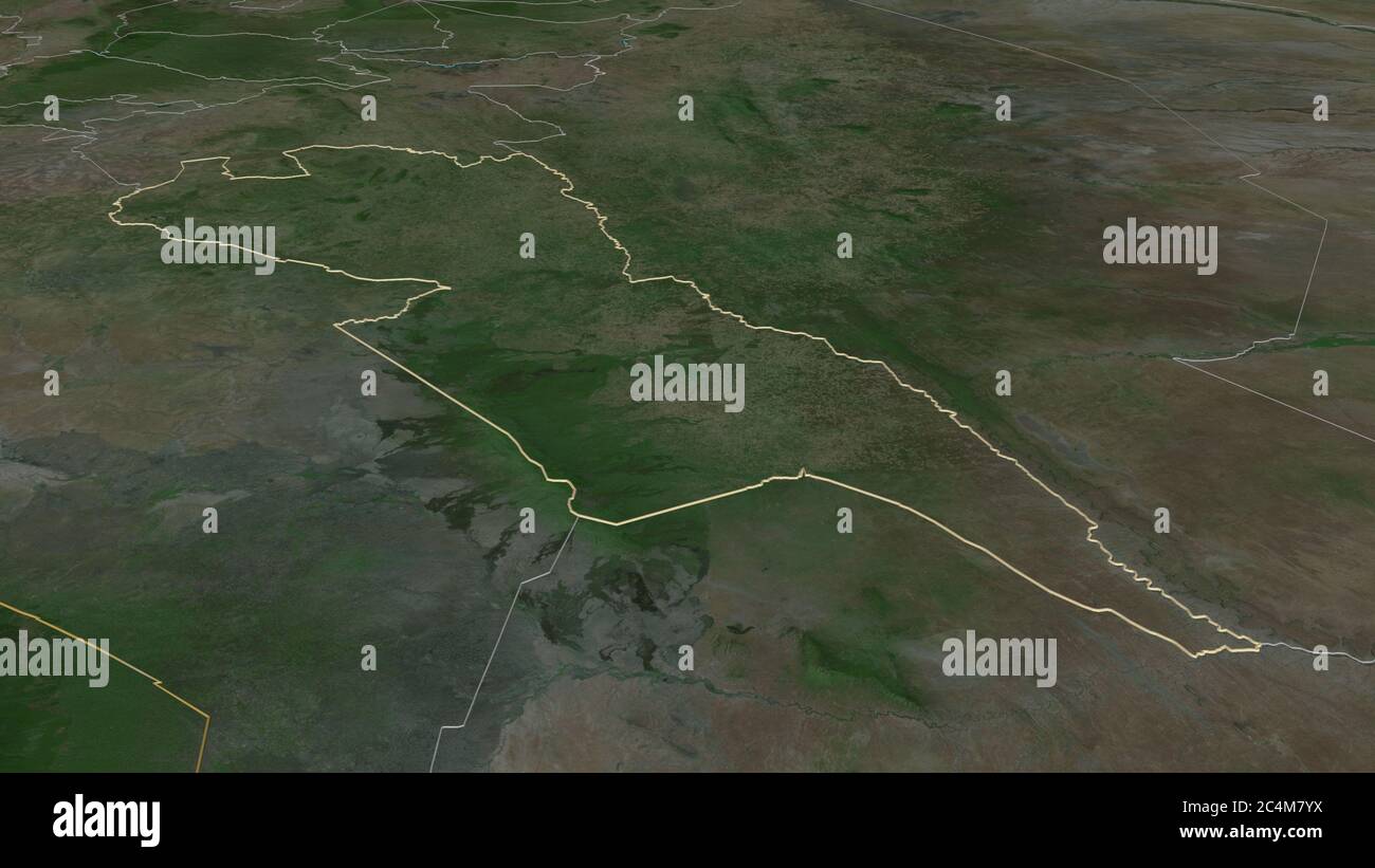 Zoom in on Makueni (county of Kenya) outlined. Oblique perspective ...
