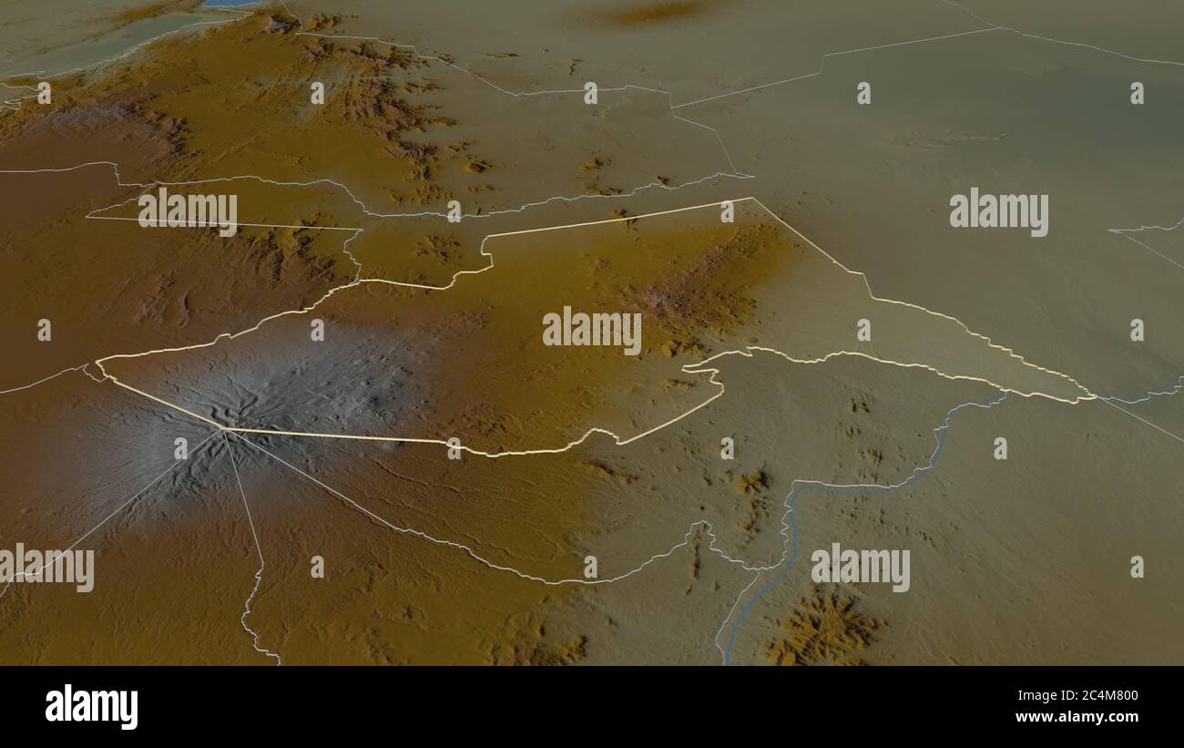 Zoom in on Meru (county of Kenya) outlined. Oblique perspective ...