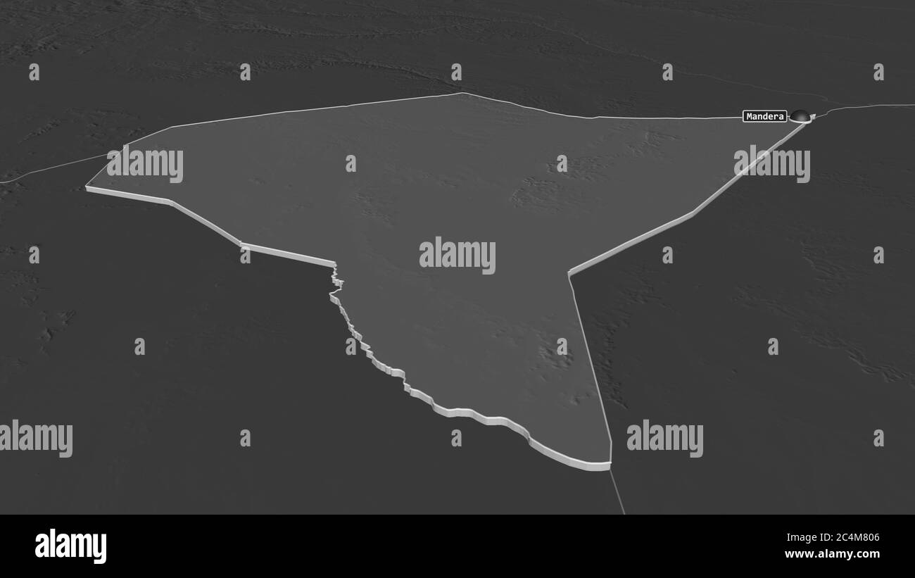 Zoom in on Mandera (county of Kenya) extruded. Oblique perspective ...