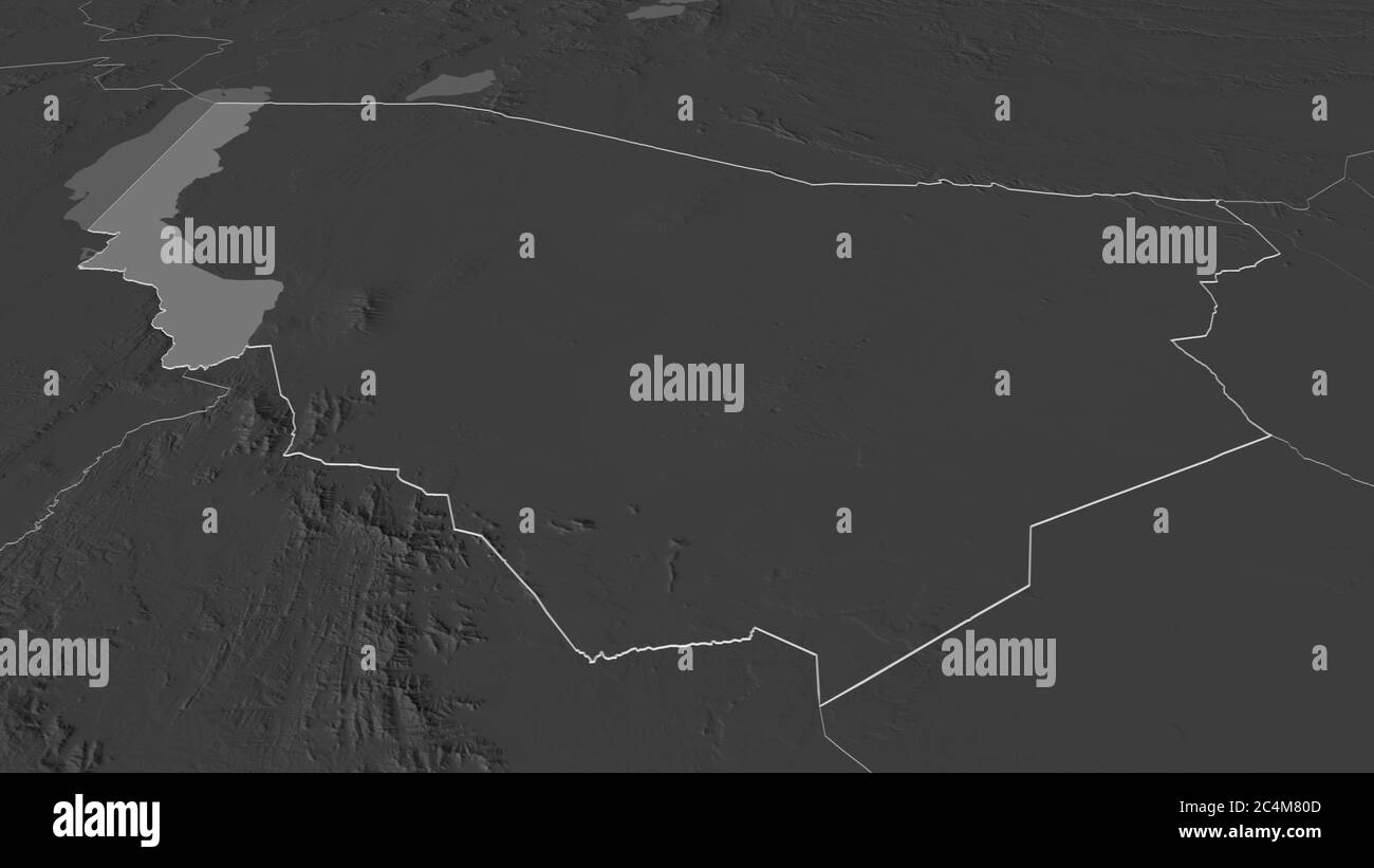 Zoom in on Marsabit (county of Kenya) outlined. Oblique perspective ...