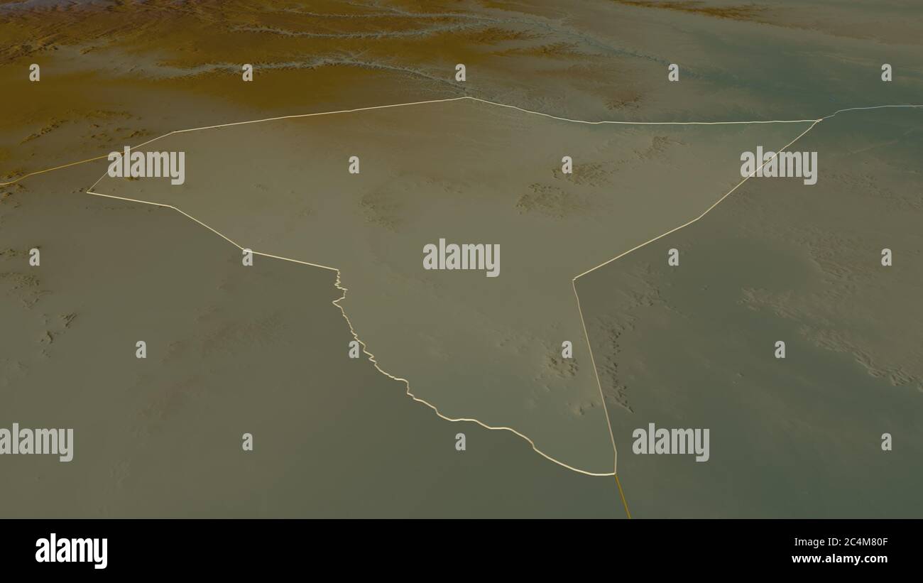 Zoom in on Mandera (county of Kenya) outlined. Oblique perspective ...