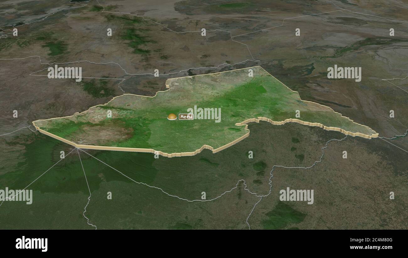 Zoom in on Meru (county of Kenya) extruded. Oblique perspective ...