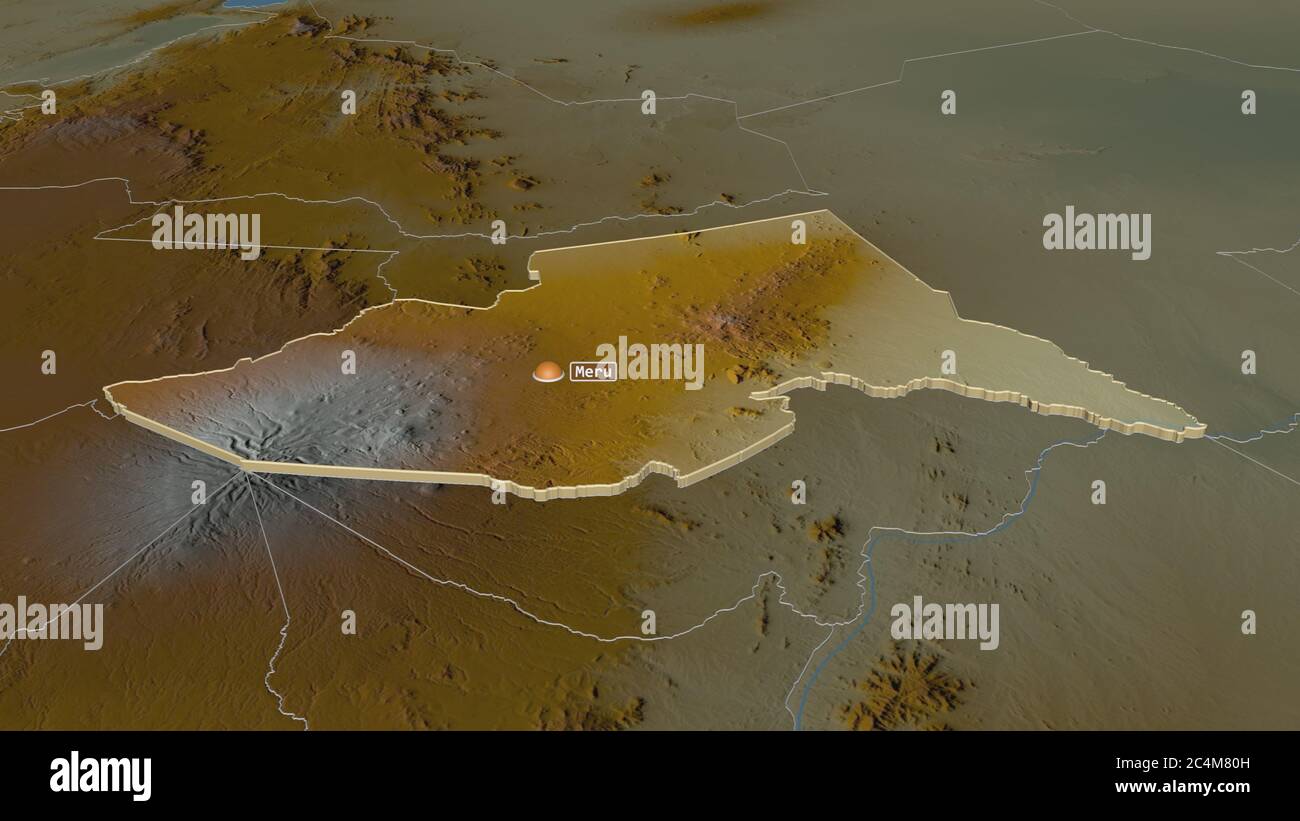 Zoom in on Meru (county of Kenya) extruded. Oblique perspective ...