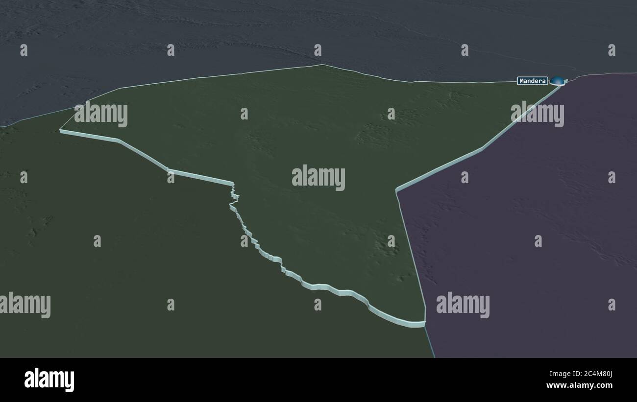 Zoom in on Mandera (county of Kenya) extruded. Oblique perspective ...