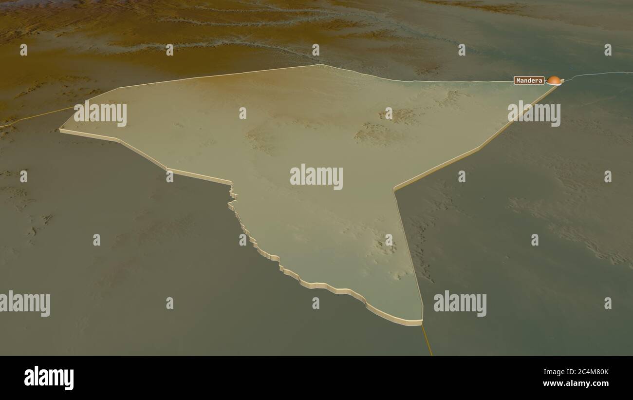 Zoom in on Mandera (county of Kenya) extruded. Oblique perspective ...