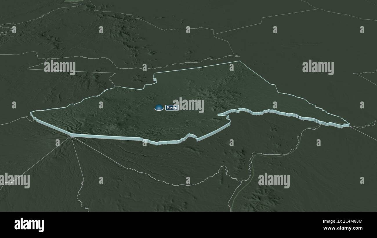Zoom in on Meru (county of Kenya) extruded. Oblique perspective ...