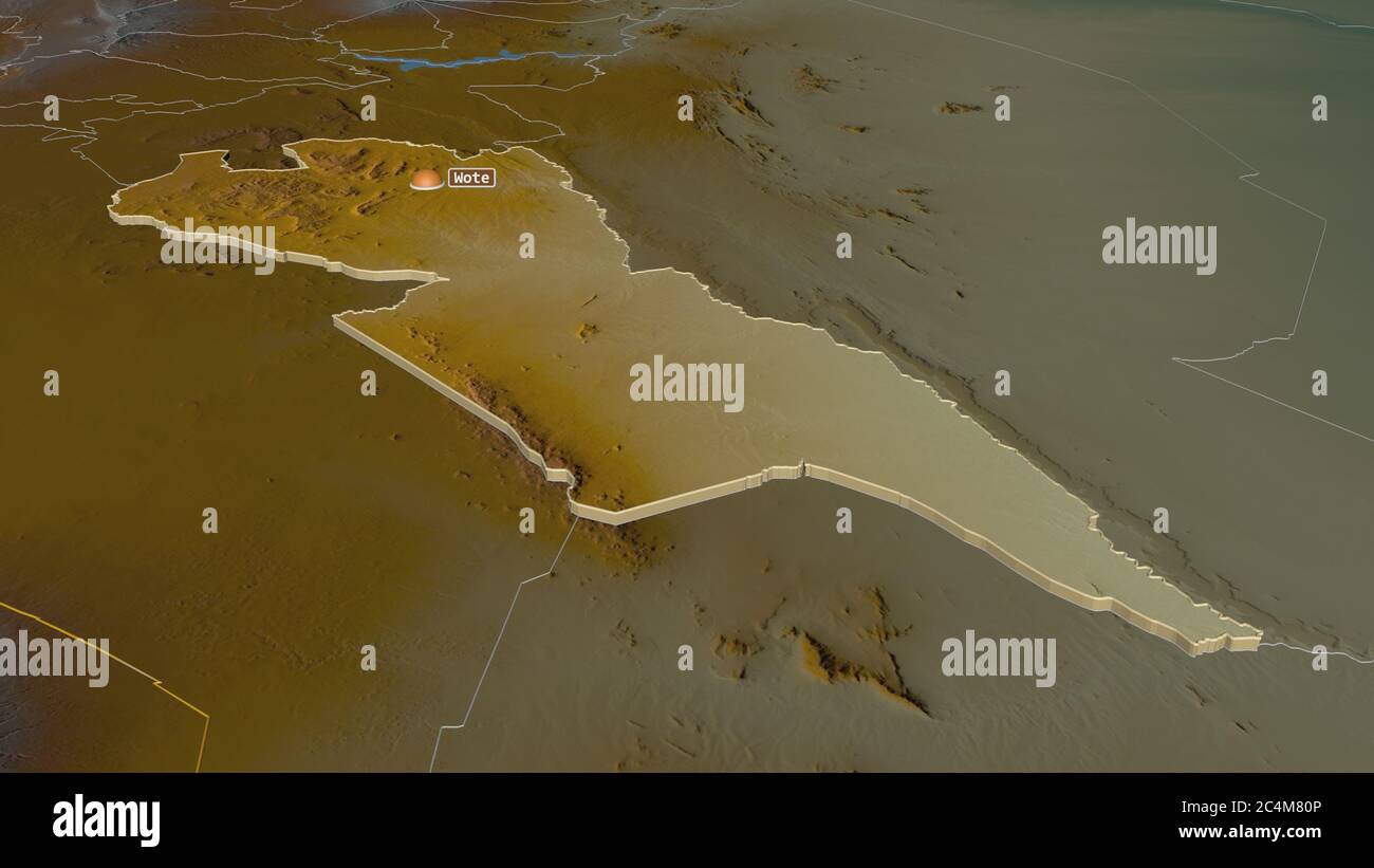 Zoom in on Makueni (county of Kenya) extruded. Oblique perspective ...