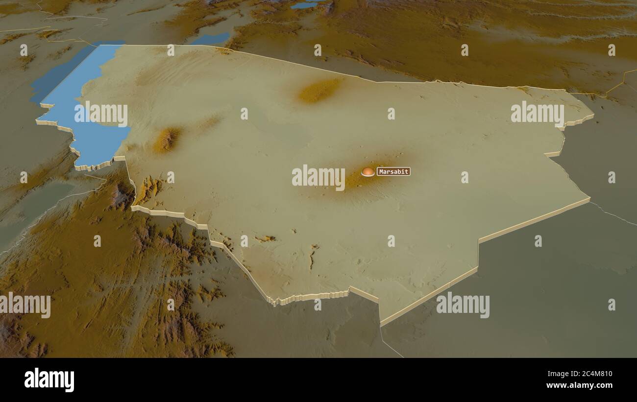 Zoom in on Marsabit (county of Kenya) extruded. Oblique perspective ...