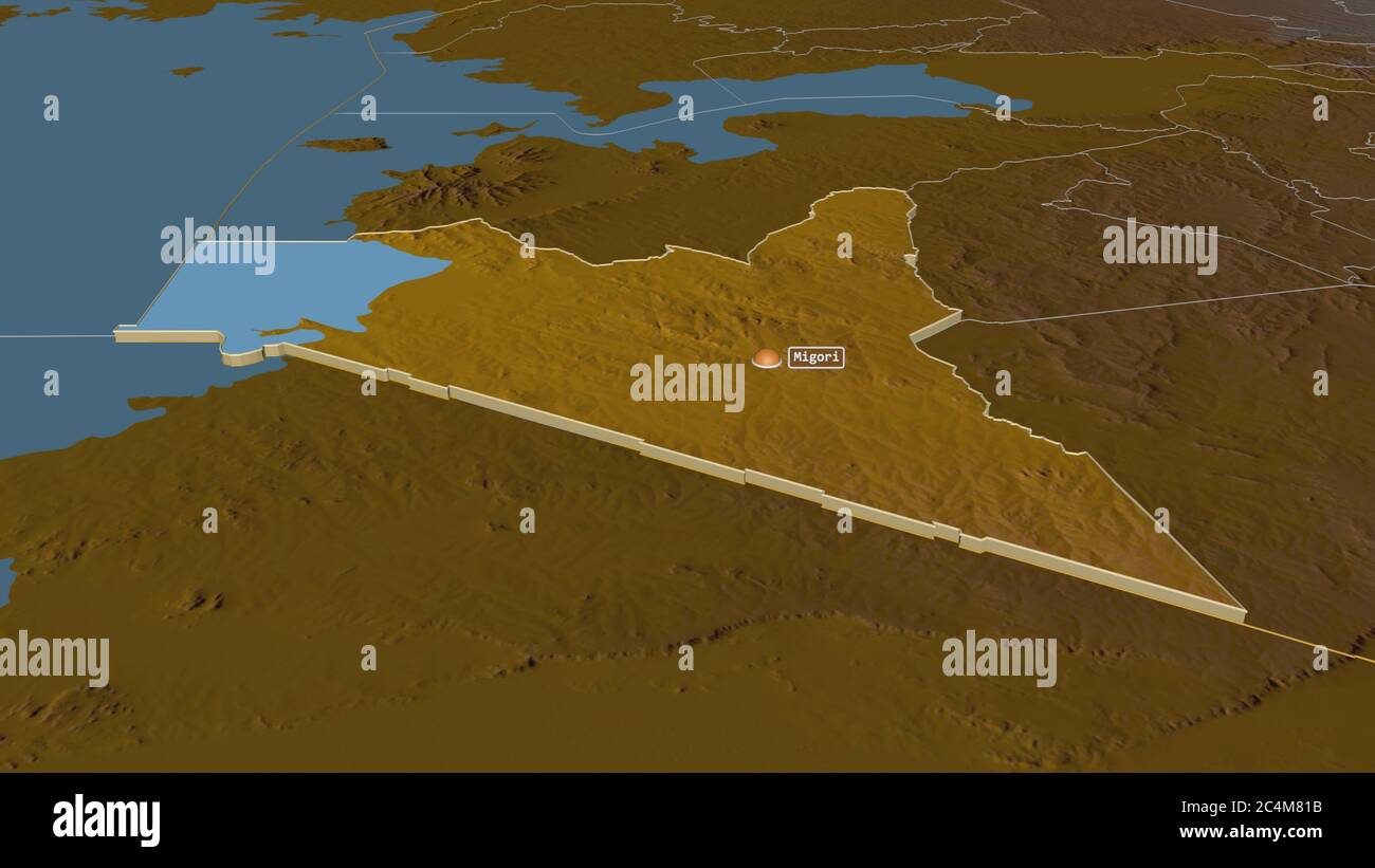 Zoom in on Migori (county of Kenya) extruded. Oblique perspective ...