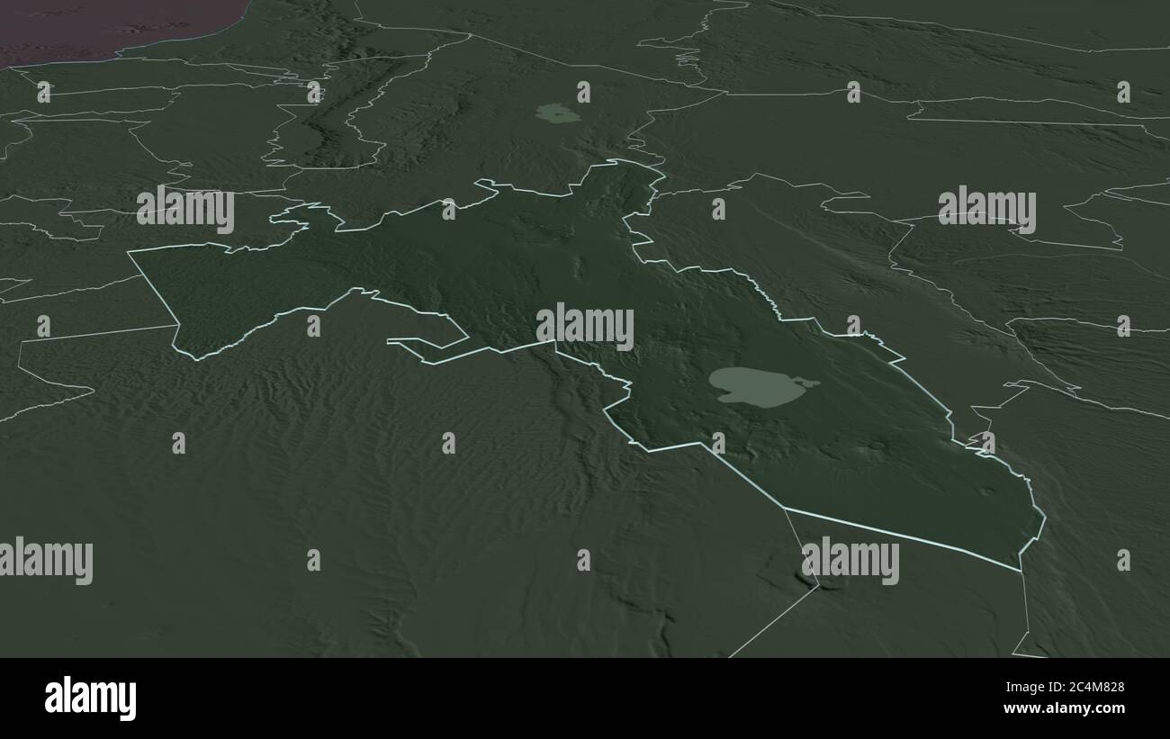 Zoom in on Nakuru (county of Kenya) outlined. Oblique perspective ...